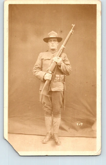 WW1 RPPC REAL photo US soldier INFANTRY army MILITARY man holding rifle ...