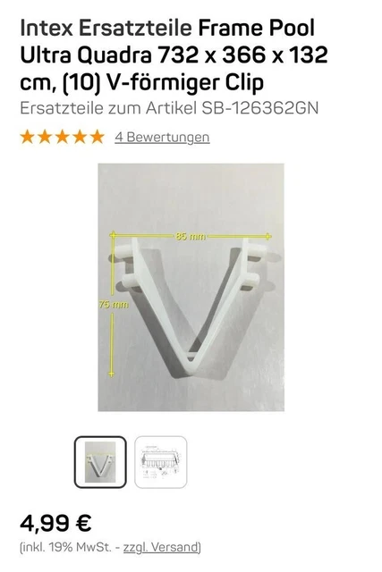 INTEX FRAME POOL Ultra Ersatzteil V-förmiger Clip 732 x 366 x 132 EUR 3 ...