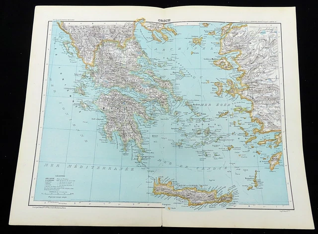 ANTICA MAPPA DELLA Grecia isole greche Creta Rodi Mar Ionio FRANCESE ...
