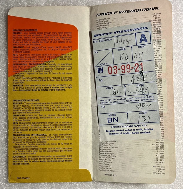 BRANIFF AIRLINES TICKET Jacket Interline Baggage Claim Tag 1960’s ...
