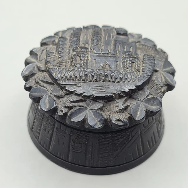ANTIQUE IRISH HAND Carved Bog Oak Snuff Box with Trefoils and Castle ...