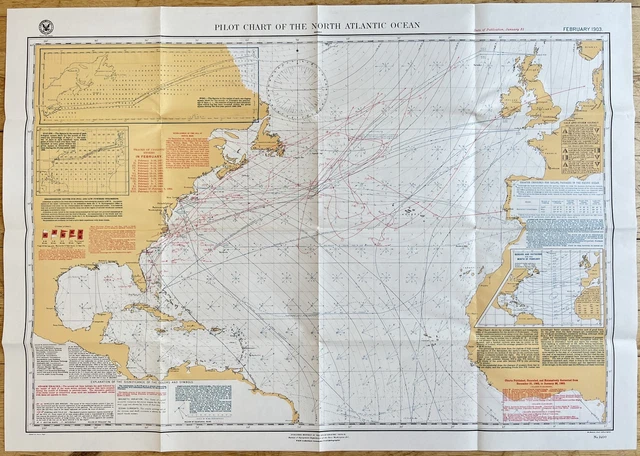 ANTIQUE LITHOGRAPHY PILOT Chart - Americas - Map of North Atlantic ...
