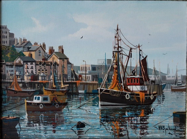 ACRYLIC PAINTING FISHING Boats Brixham Harbour Devon W H Stockman 1935 ...