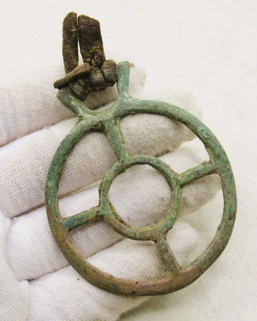 A17 ANCIENT MEDIEVAL Bronze Solar Sun Amulet Ancient Leather Still ...