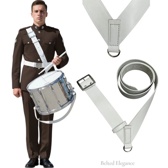 PREMIUM WHITE LEATHER Marching Snare Drum Sling Cross Belt Adjustable ...