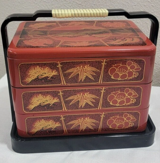 VINTAGE JAPANESE LACQUER Ware Stackable 3-Tier Bento Box w/Caddy $58.00 ...