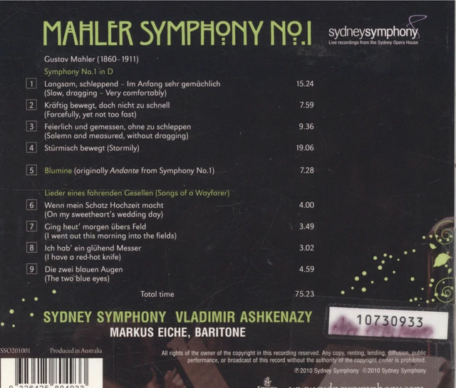 MAHLER; SYDNEY SYMPHONY, Vladimir Ashkenazy - Symphony no. 1 CD $17.95 - PicClick AU