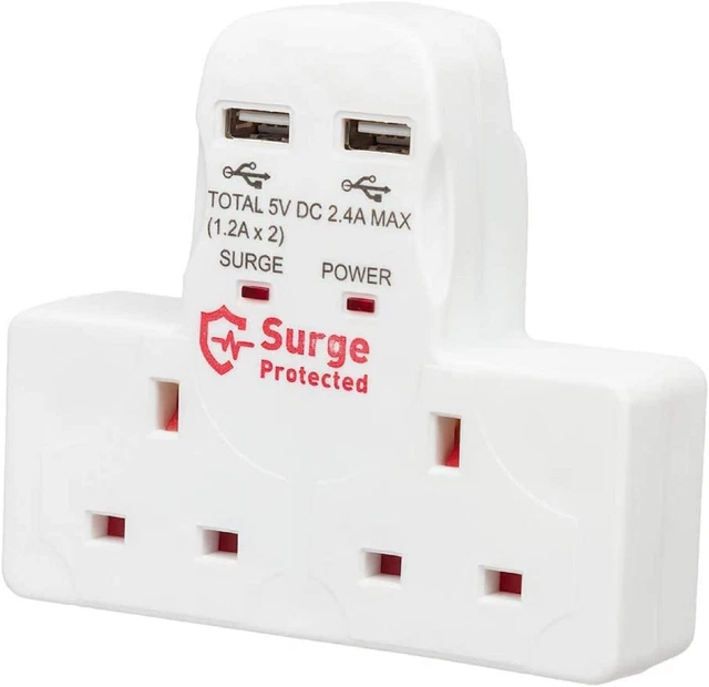 2 WAY/GANG CABLE-FREE Socket Adaptor with 2x USB Charge Surge Protected ...