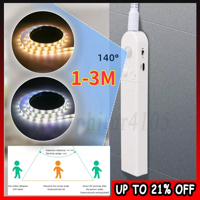 WHITE PIR MOTION Sensor LED Strip Light Battery Powered Stairs Cabinet ...