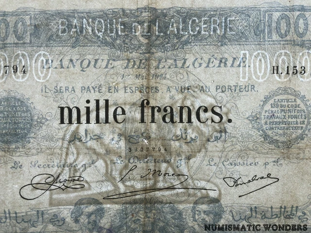 ALGERIA BANKNOTE 1000 Francs 1924 P.076b VF (Type 1875 BLUE) $555.00 ...