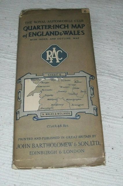 1930,BARTHOLOMEWS,RAC ROAD Map,N. Wales & Midlands,Sheet 6,Cloth , GC ...