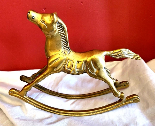 ANTIQUE ROCKING HORSE Gold Lustre Vintage Solid Brass Old Racing Race ...