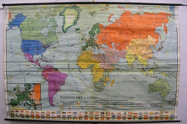 SCHOOL WALL MAP Beautiful Old Earth World Map Germany 234x157c Vintage ...