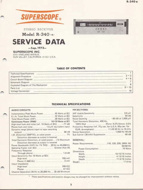 ORIGINAL SERVICE MANUAL Superscope Model R-340 Stereo Receiver 1973 EUR ...