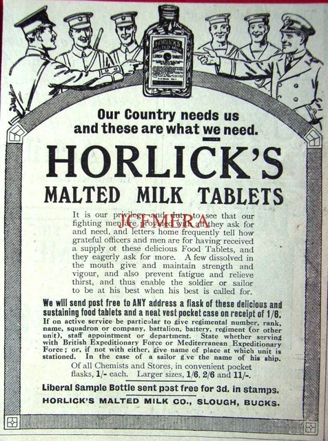 'HORLICKS' WW1 MALTED Milk Tonic Tablets Advert : Small 1915 Print £2. ...