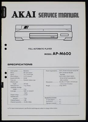 ORIGINAL AKAI AP-M600 Turntable Service Manual/Diagram/Parts List o159 ...