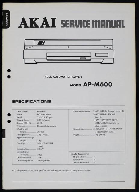 ORIGINAL AKAI AP-M600 Turntable Service Manual/Diagram/Parts List o159 ...