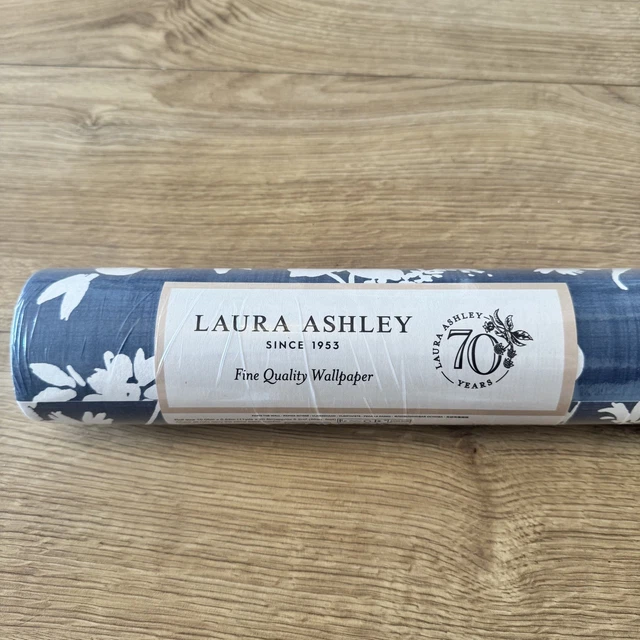 LAURA ASHLEY WALLPAPER Rolls Rye Midnight Seaspray Blue White Floral ...
