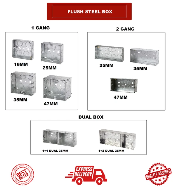 METAL BACK BOX Flush Single Double Gang Dual Switch Socket 16mm 25mm ...