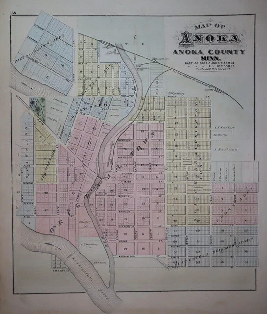 ORIGINAL 1874 PLAT Map CITY of ANOKA, MINNESOTA / SAUK RAPIDS on Back ...