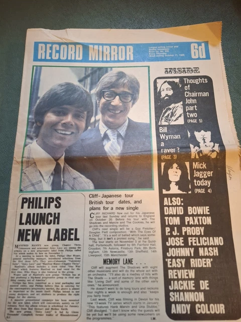 RECORD MIRROR MAGAZINE 11 OCTOBER 1969 Cliff Lennon Bowie Stones ...