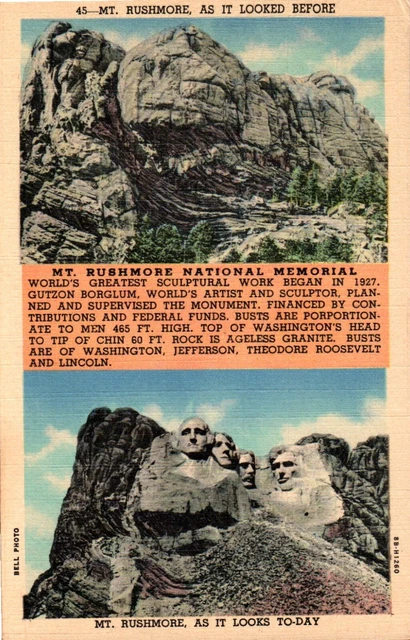 MT. RUSHMORE NATIONAL Memorial SD Before And After Views Linen Postcard ...