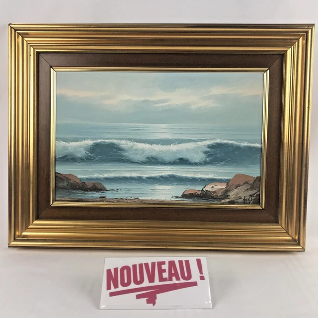 TABLEAU PEINTURE À l'huile sur toile SIGNÉ - Paysage marin mer/vagues 55x41 cm EUR 44,99 ...