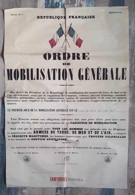 AFFICHE ORDRE DE mobilisation WW2 militaria EUR 15,00 - PicClick FR