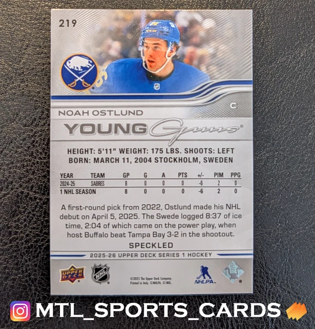 2025-26 UPPER DECK #219 Noah Ostlund Young Guns Speckled Rainbow Foil ...