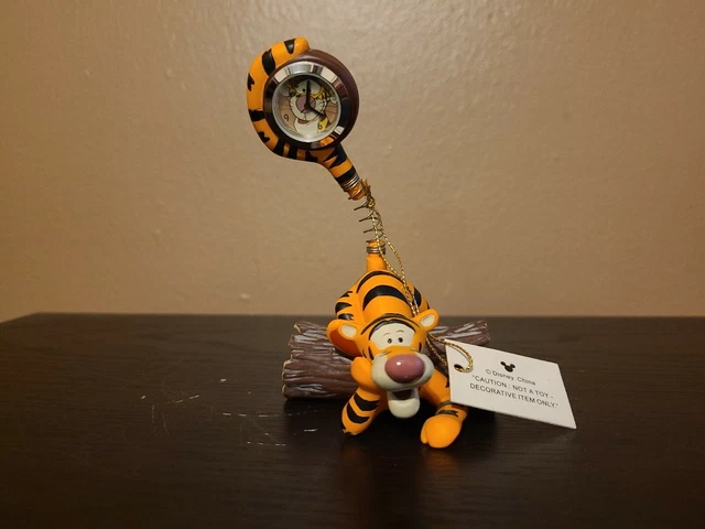 DISNEY TIME WORKS Tigger Clock Spring Tail Holds Clock Lounges On A Log ...