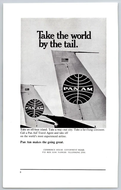 PAN AM AIRLINES Aircraft Tail Print Ad Vintage Publication Nairobi ...