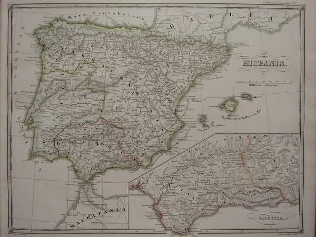 1850 SPRUNER ANTIQUE Historical Map Spain Baetica Balearic Isles Roman ...