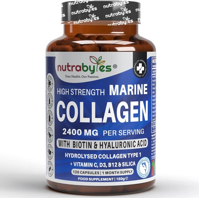 HIGH STRENGTH MARINE Collagen 2400Mg with Hyaluronic Acid 100Mg, Biotin ...