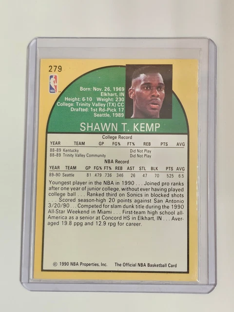 1990-91 HOOPS SHAWN Kemp Rookie Card RC #279 Seattle Supersonics Reign ...