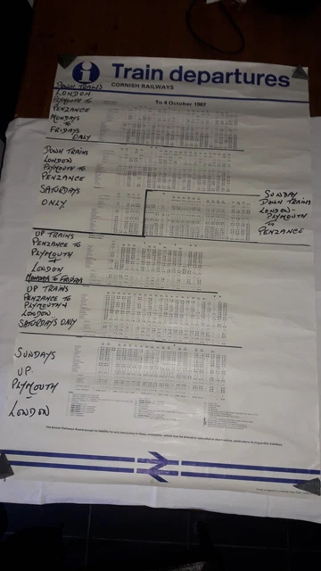 ORIGINAL BRITISH RAIL Railways Poster Timetable Cornish Railways ... ORIGINAL BRITISH RAIL Railways Poster Timetable Cornish Railways ...