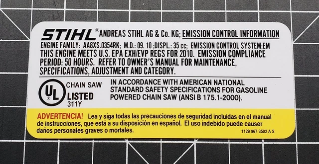 STIHL MS 200 Chainsaw Emissions Label Stihl Label # 1129 967 3502 ...