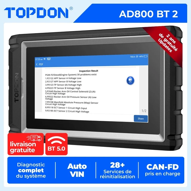 TOPDON AD800 BT 2.0 Appareil de diagnostic automobile Scanner OBD2 TOUT ...