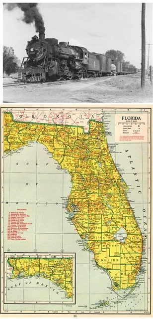 1944 FLORIDA MAP HISTORY of all RAILROADS TOWNS CITIES shows all FL ...