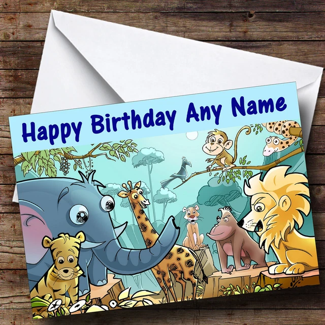 JUNGLE ANIMALS BLUE Personalised Birthday Greetings Card £3.99 ...