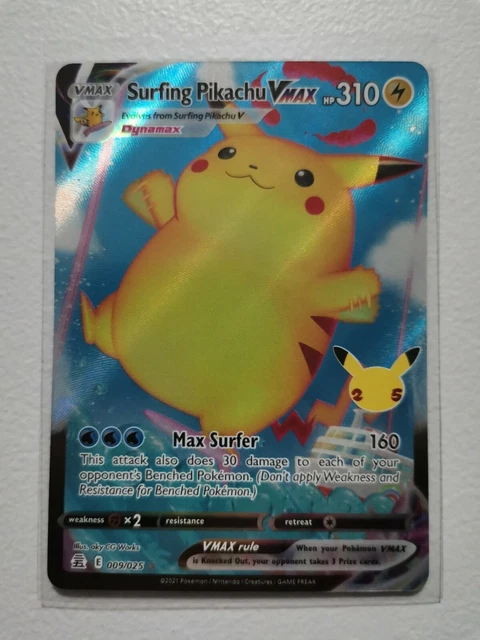 POKEMON 25TH ANNIVERSARY SURFING PIKACHU VMAX Full Art Holo Promo 009/ ...