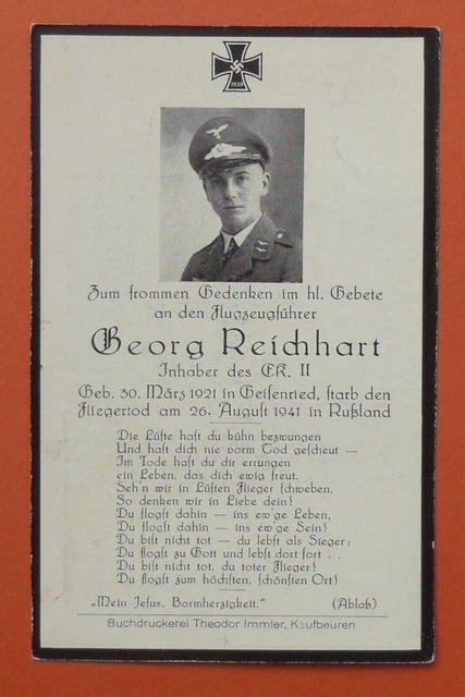 WW2 GERMAN DEATH Card Sterbebild Luft Pilot Iron Cross 2nd Class 1941 ...