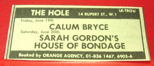CALUM BRYCE/SARAH GORDON'S House Of Bondage Gig 1970 Press/Mag ADVERT 3 ...