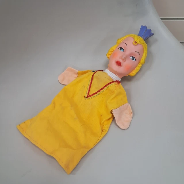 VINTAGE HAND PUPPET Doll Plastic Head Yellow Dress Blonde Hair Blue Bow ...