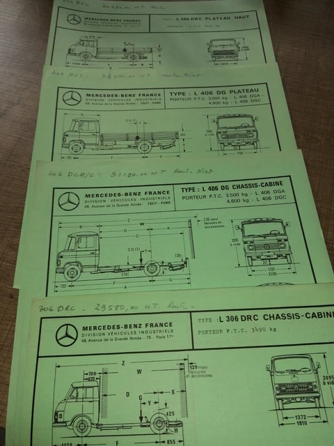 ANCIEN PROSPECTUS CAMION Mercedes fiches techniques L306 DRC L 406 DG L ...