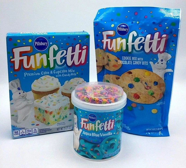 PILLSBURY FUNFETTI WHITE Cake Mix Icing Aqua Blue Frosting Cookie Mix £ ...