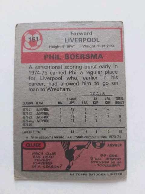 PHIL BOERSMA TOPPS Liverpool Fc Card 1974-75 £3.95 - PicClick UK