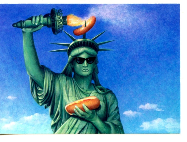 STATUE OF LIBERTY Cooks Hot Dog w/ Torch-Sunglasses-Funny Comic Modern ...