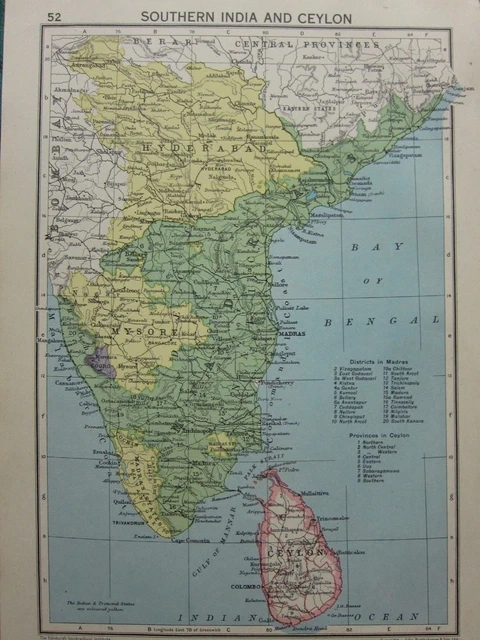 1942 CARTE ~ Inde Du Sud Et Ceylan Hyderabad Mysore Madras Districts ...