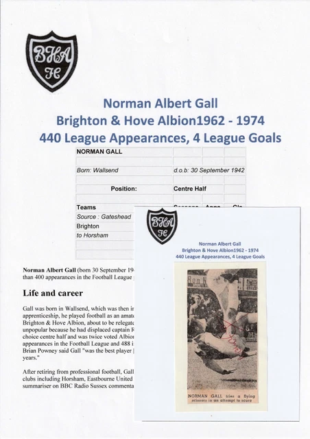 ALBERT GALL BRIGHTON & HOVE ALBION GATESHEAD original autograph signed ...