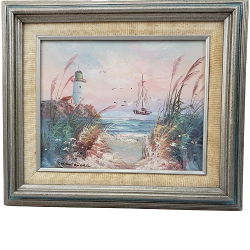 BRIAN ROCHE LIGHTHOUSE Oil Painting Original Signed Framed Sailboat ...